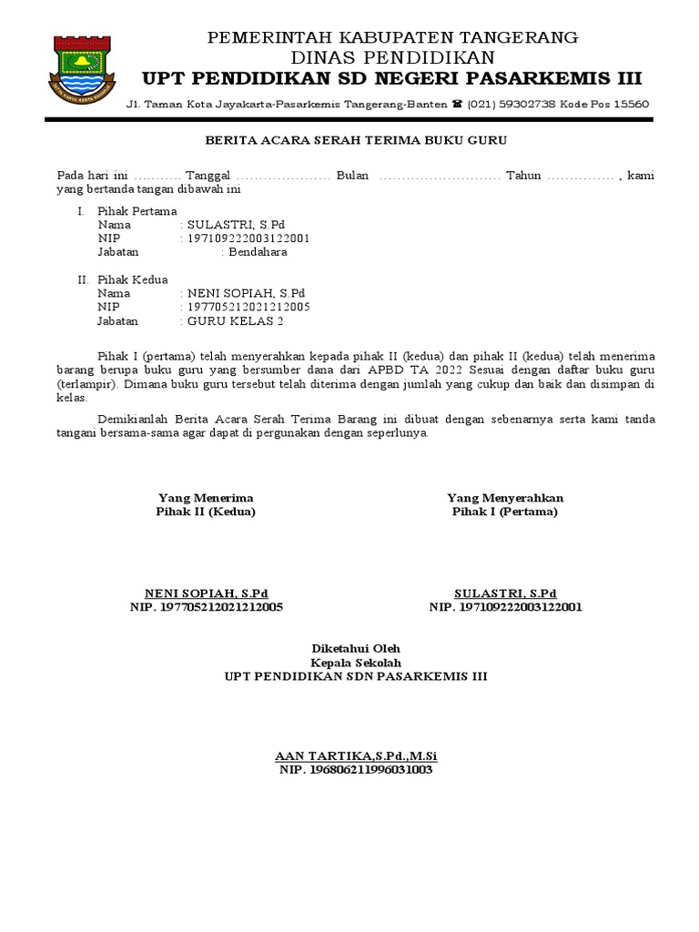 Berita Acara Serah Terima Buku Paket 1 | PDF | Sains & Matematika