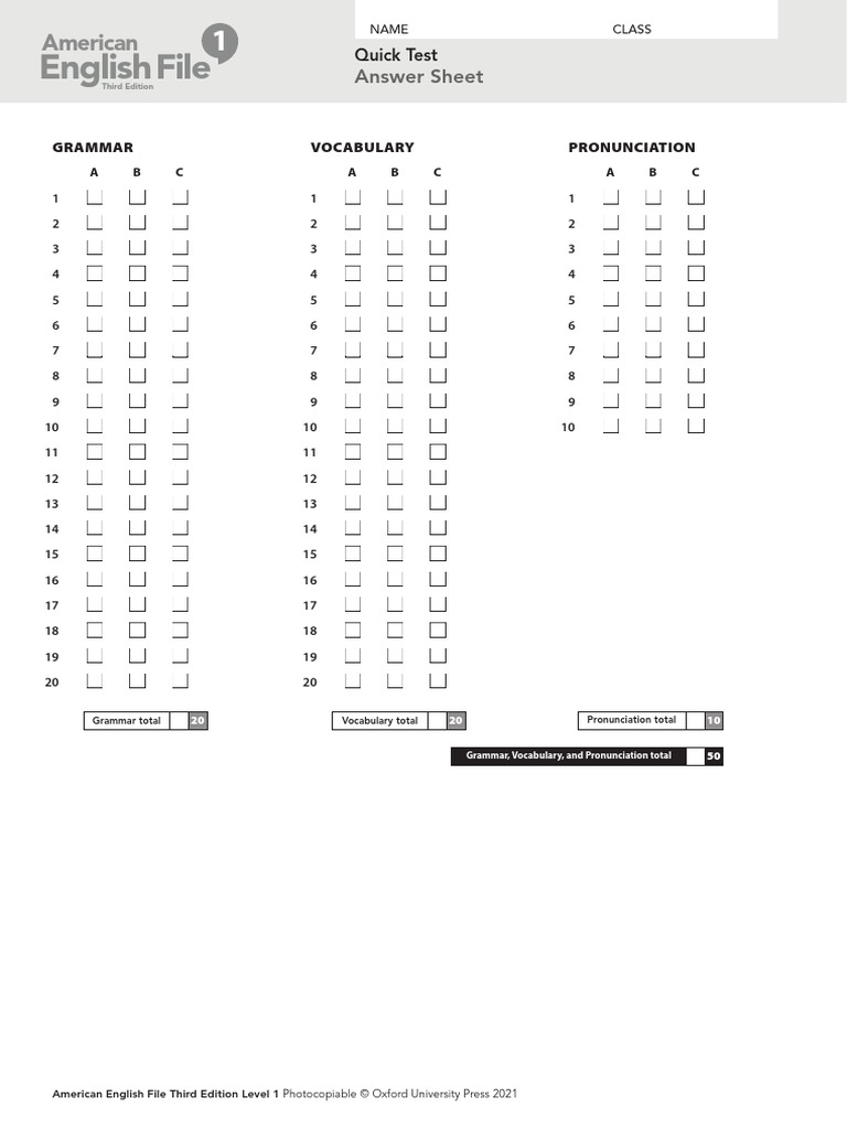 AEF3e L1 Quick Test Answer Sheet | PDF