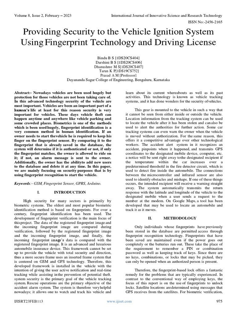 Providing Security To The Vehicle Ignition System UsingFingerprint Technology and Driving ...