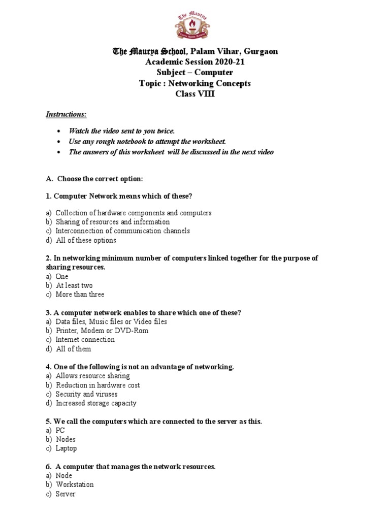 Computer - Networking Concepts Worksheet PDF | PDF