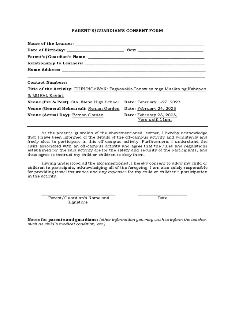 Parent Consent Form for Durungawan Event | PDF | Consent | Social ...