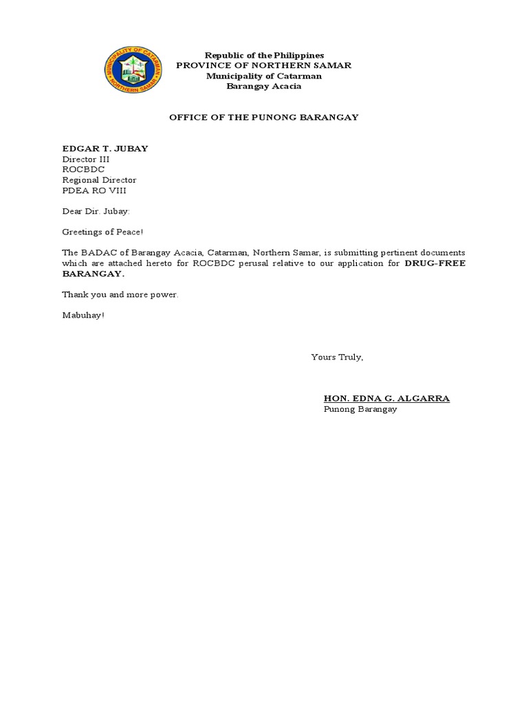 Application for Drug-Free Barangay Certification from Barangay Acacia ...
