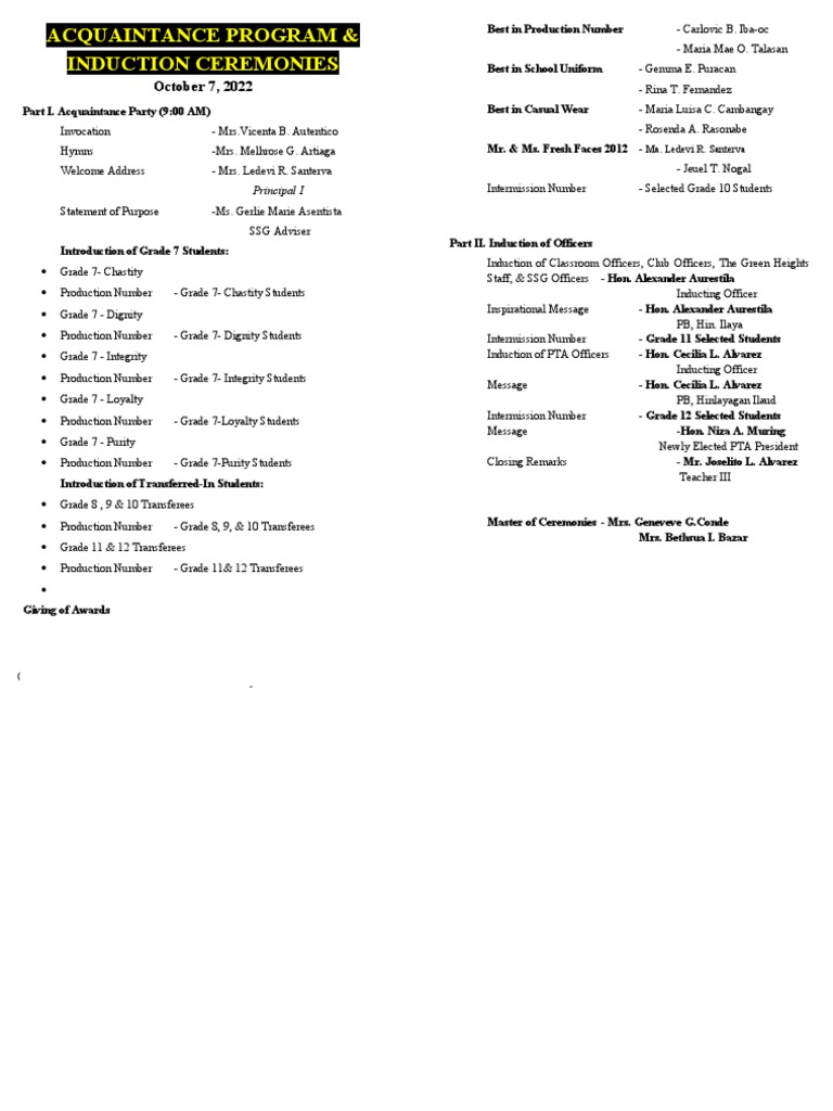 Acquaintance Program Induction Ceremonies 2022 | PDF