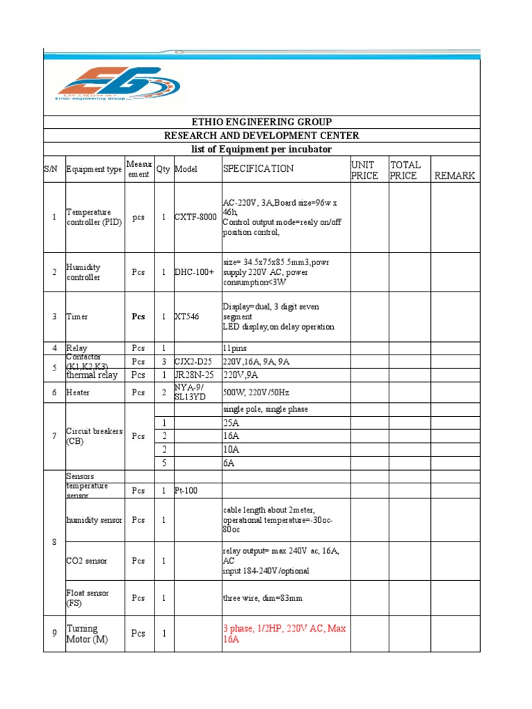 Incubator Equipment and Materials List | PDF | Electrical Connector ...
