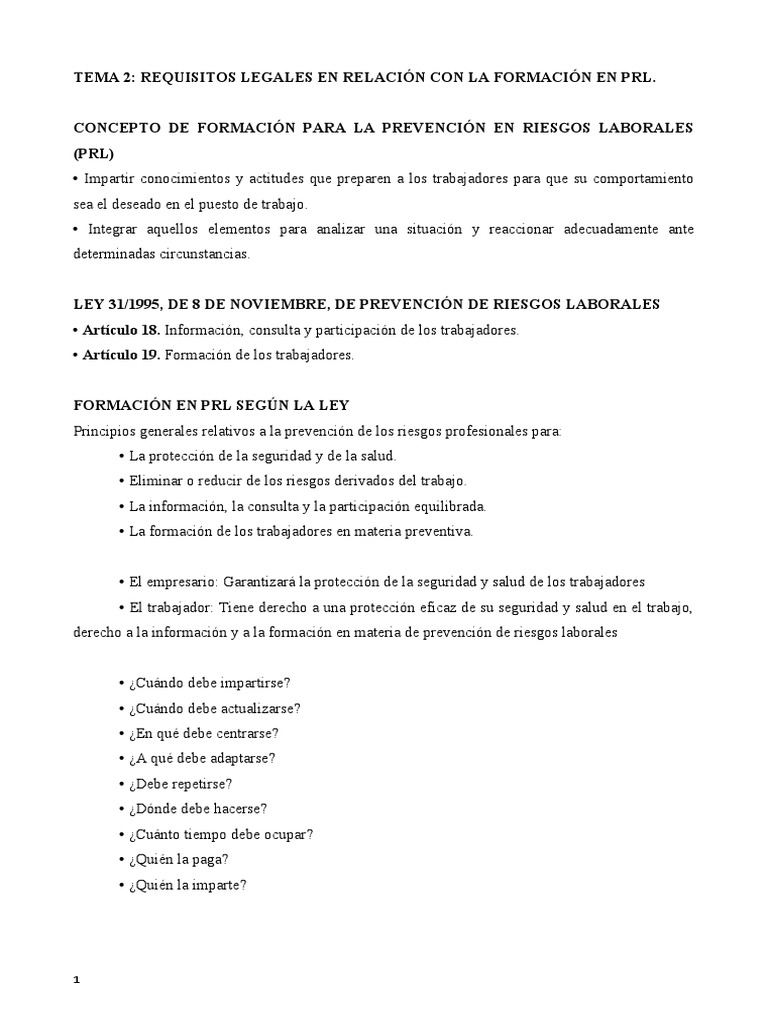 Tema 2 Requisitos Legales en Relación Con La Formación en PRL | PDF | Valores | Planificación