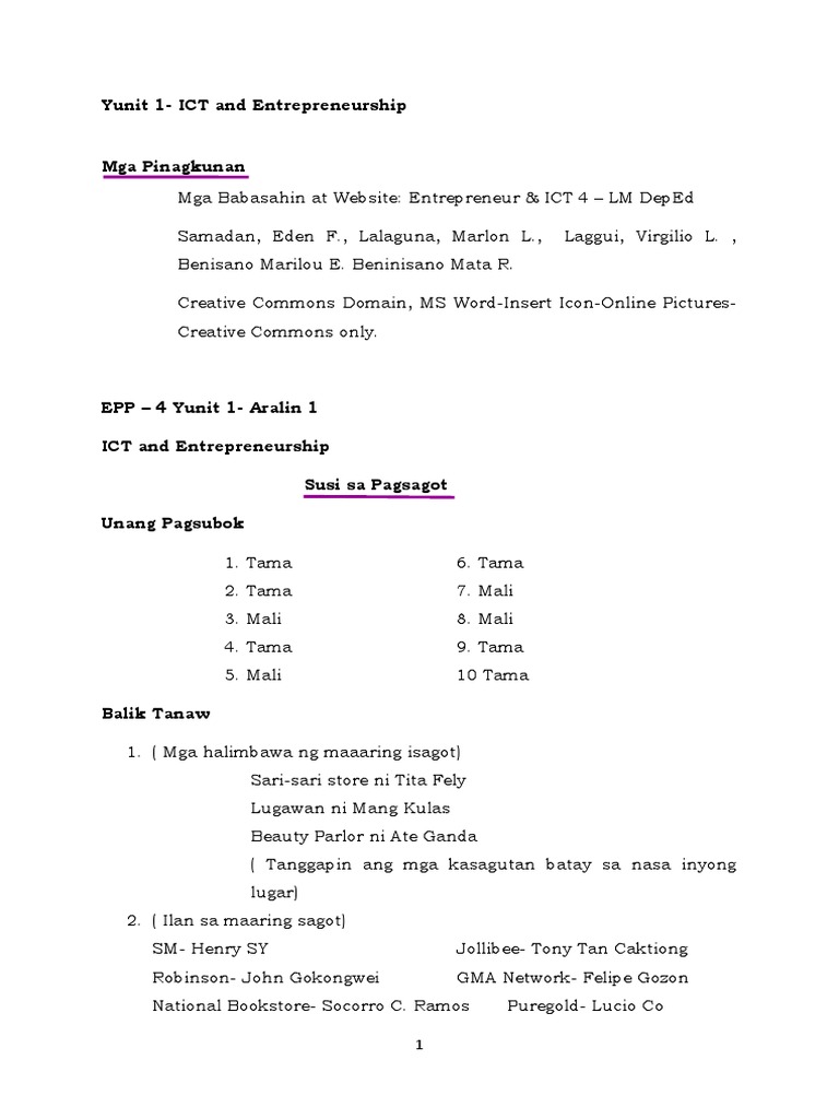 EPP 4 Week 1 Key To Correction | PDF
