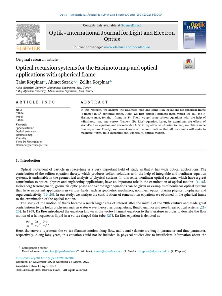 SCI.2. Optical Recursion Systems For The Hasimoto Map and Optical Application Wits s2 | PDF ...