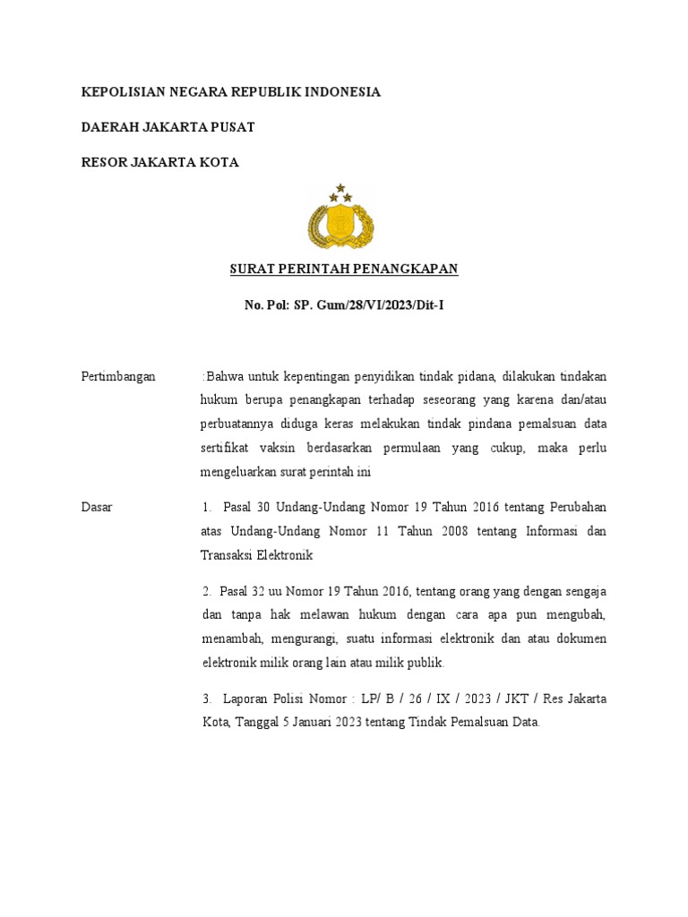 Surat Penangkapan Arip Setiawan | PDF