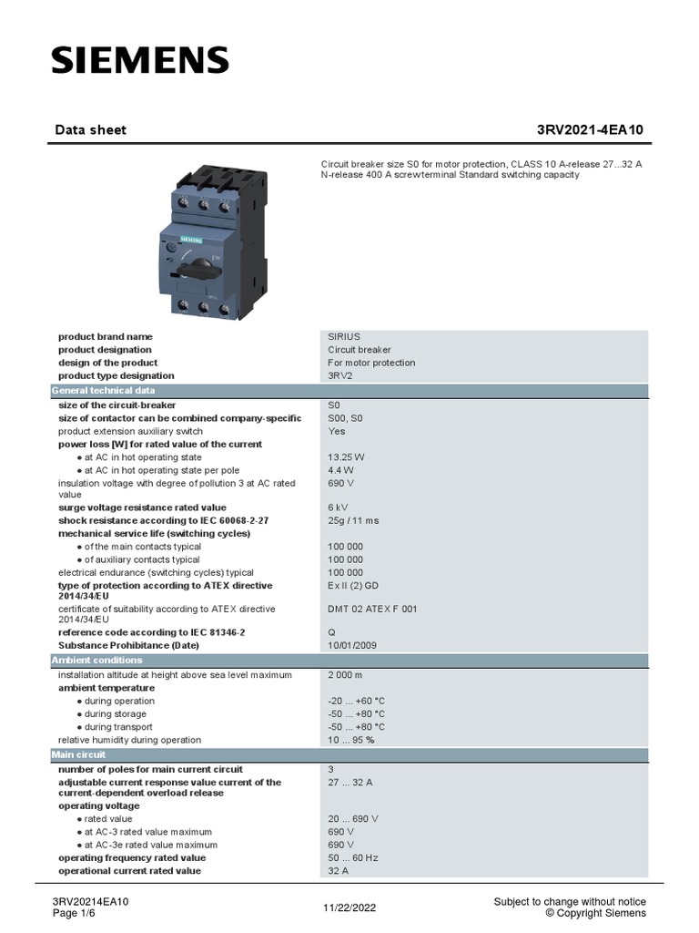 3RV20214EA10 Datasheet en | PDF | Alternating Current | Electrical Engineering