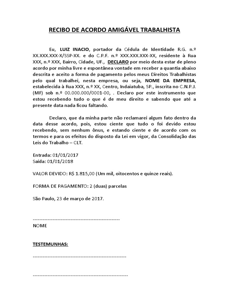 Modelo Recibo de Acordo Trabalhista | PDF