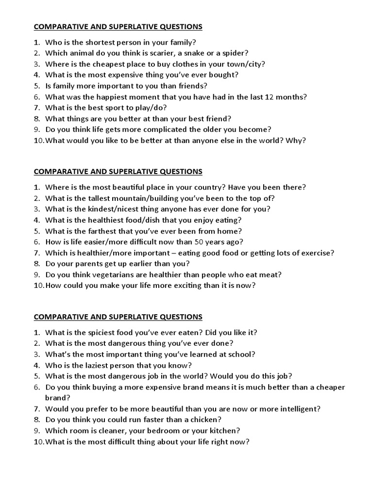 Comparative and Superlative Questions 2 | PDF | Lifestyle
