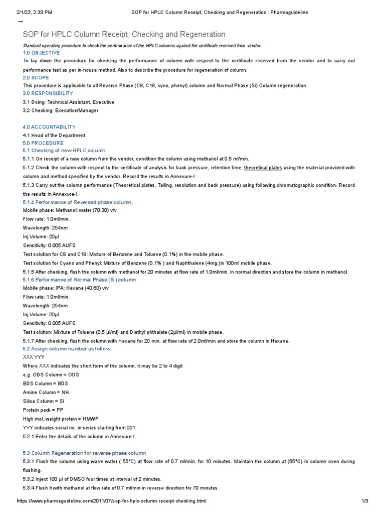 SOP For HPLC Column Receipt, Checking and Regeneration ...