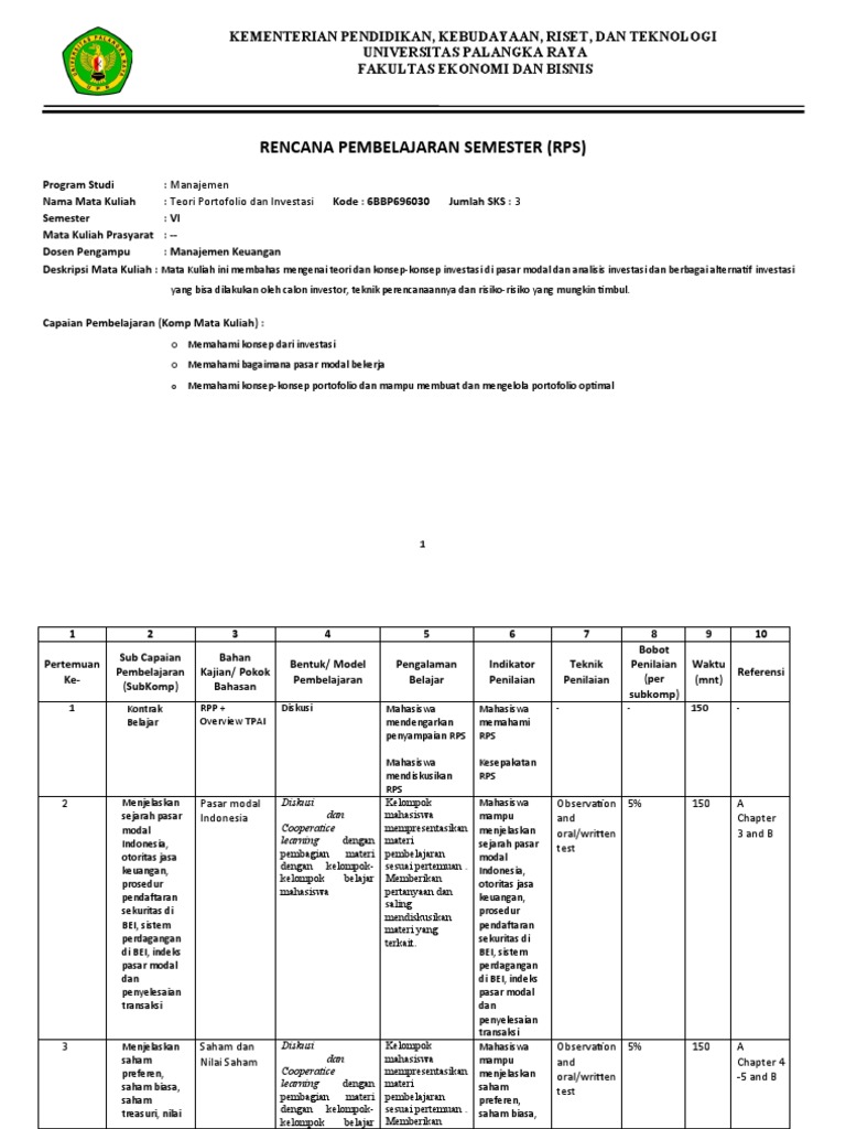 RPS Teori Portofolio Dan Investasi | PDF