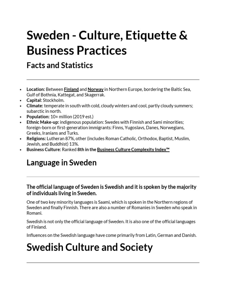 Sweden Culture Etiquette Business Practices Pdf Sweden Finland