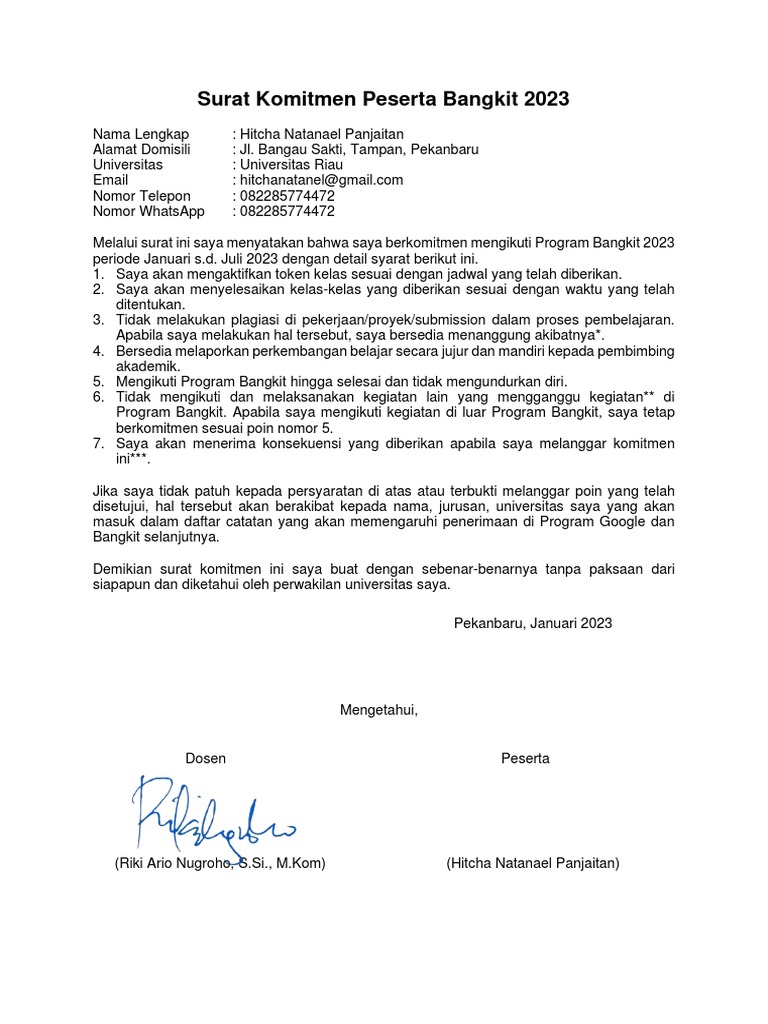 Surat Komitmen Peserta Bangkit 2023 - Hitcha Natanael Panjaitan | PDF | Karier & Perkembangan