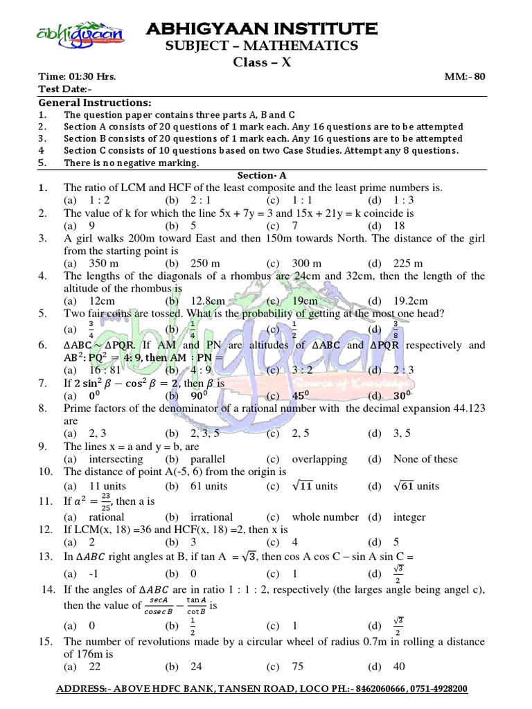 Class X Mathematics Test Paper Pdf Mathematical Concepts