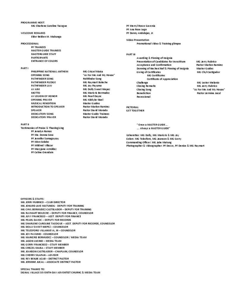 GPC Batch Padayon Investiture Ceremony Program 2022 | PDF