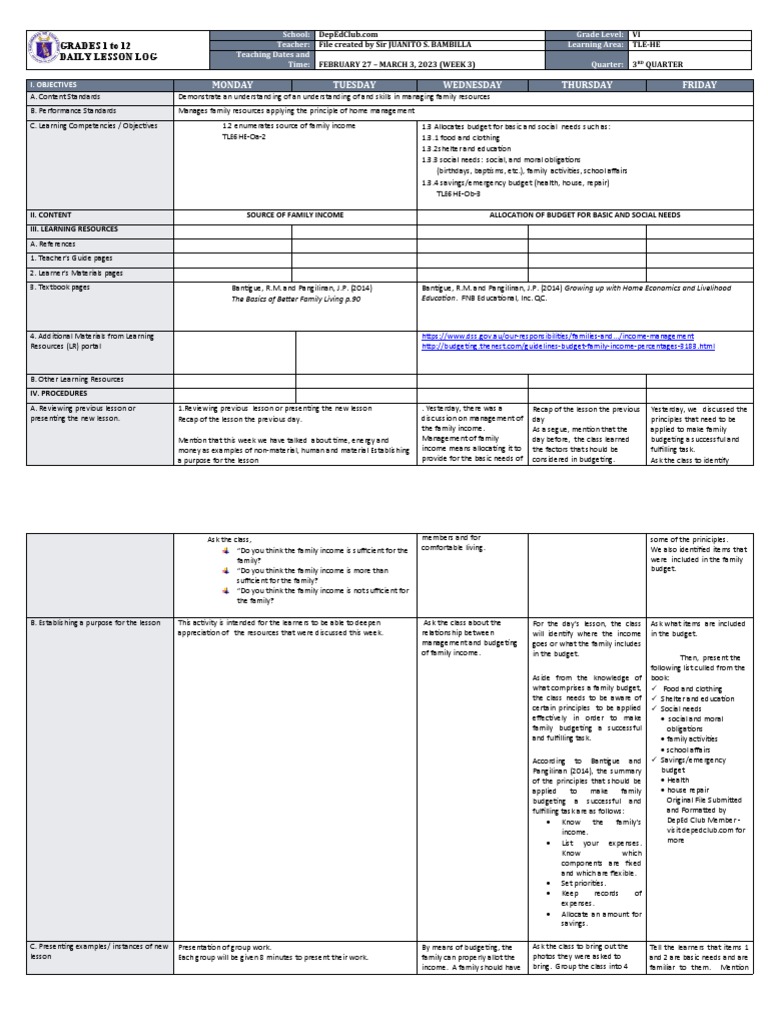 DLL - Tle-He 6 - Q3 - W3 | PDF | Learning | Income