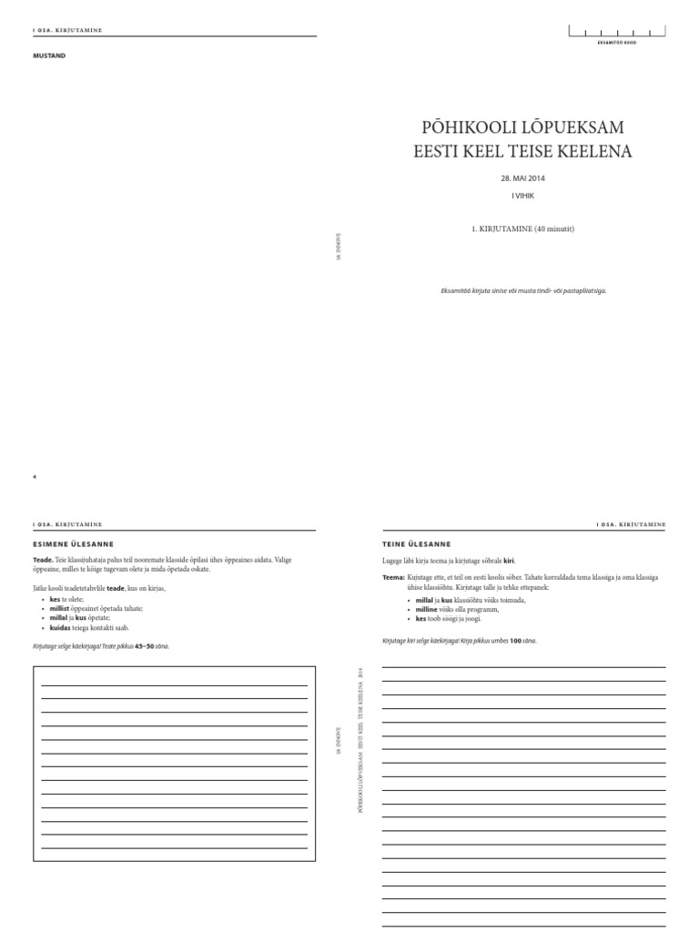 Eksamitöö I Vihik (PE Eesti Keel Teise Keelena 2014) | PDF