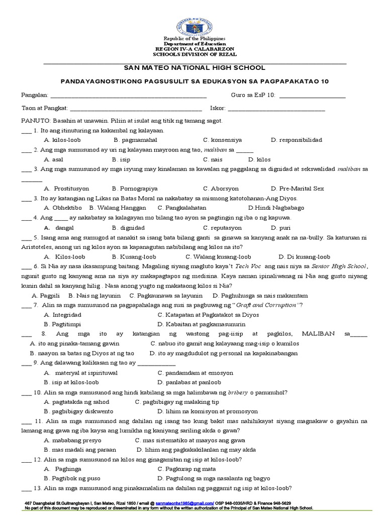 Diagnostic Test Esp 10 Sy 2022 2023 | PDF