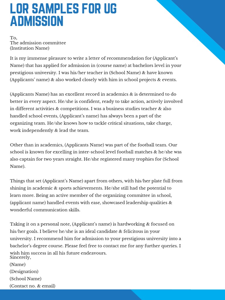 LOR Sample For UG Program | PDF