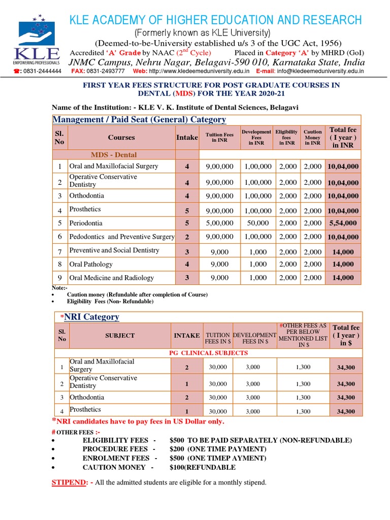 MDS Fees 2020-21: KLE Dental Sciences | PDF | Dentistry | Clinical Medicine