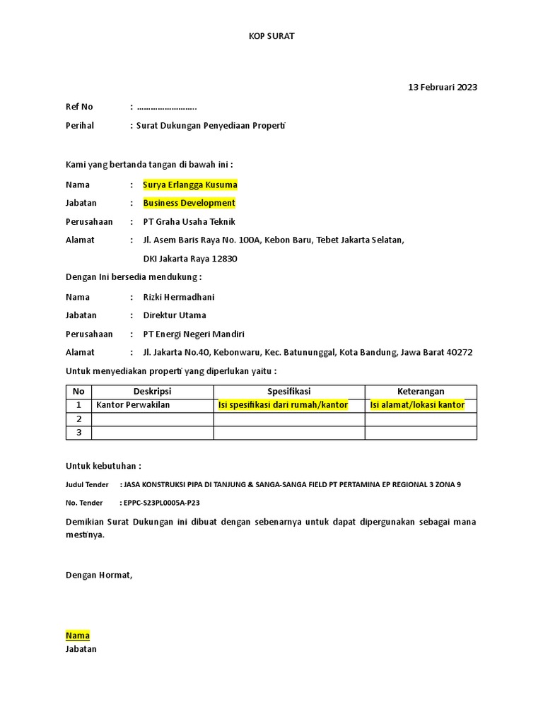 Draft Surat Dukungan | PDF
