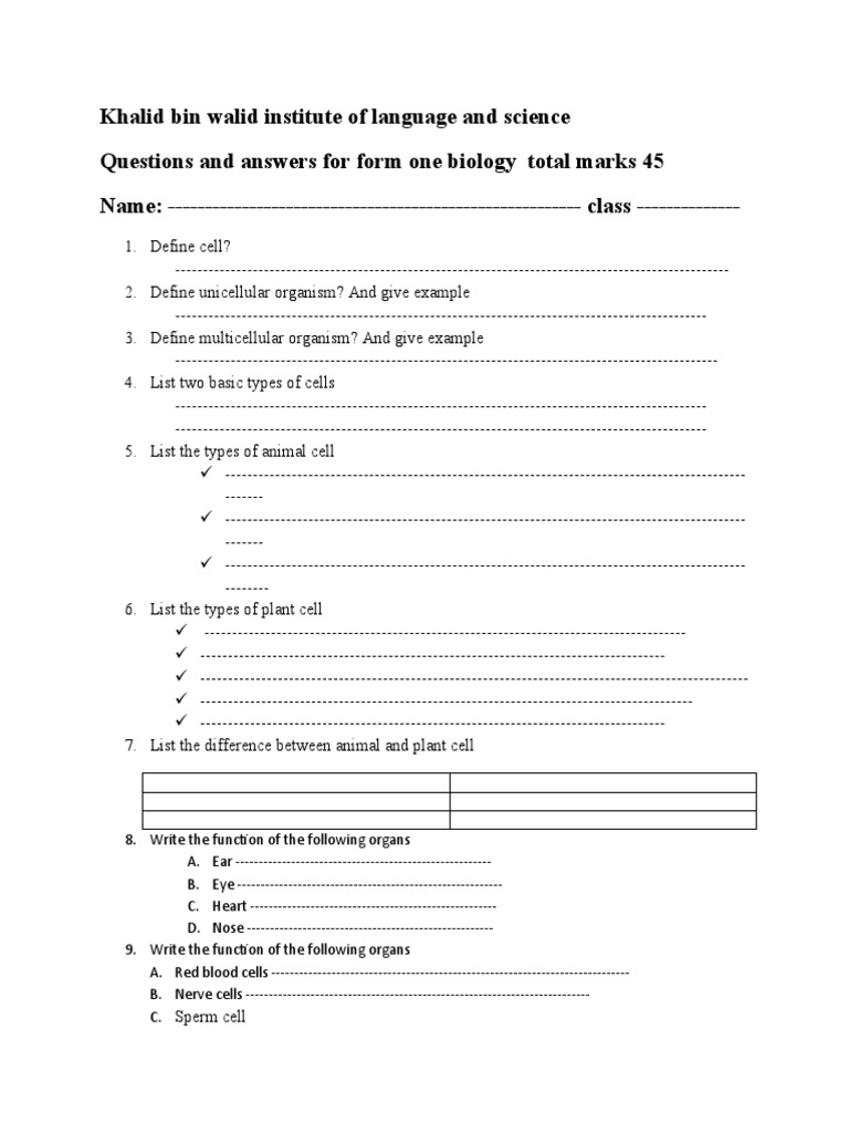 Biology Form One Exam | PDF | Cell (Biology) | Organisms
