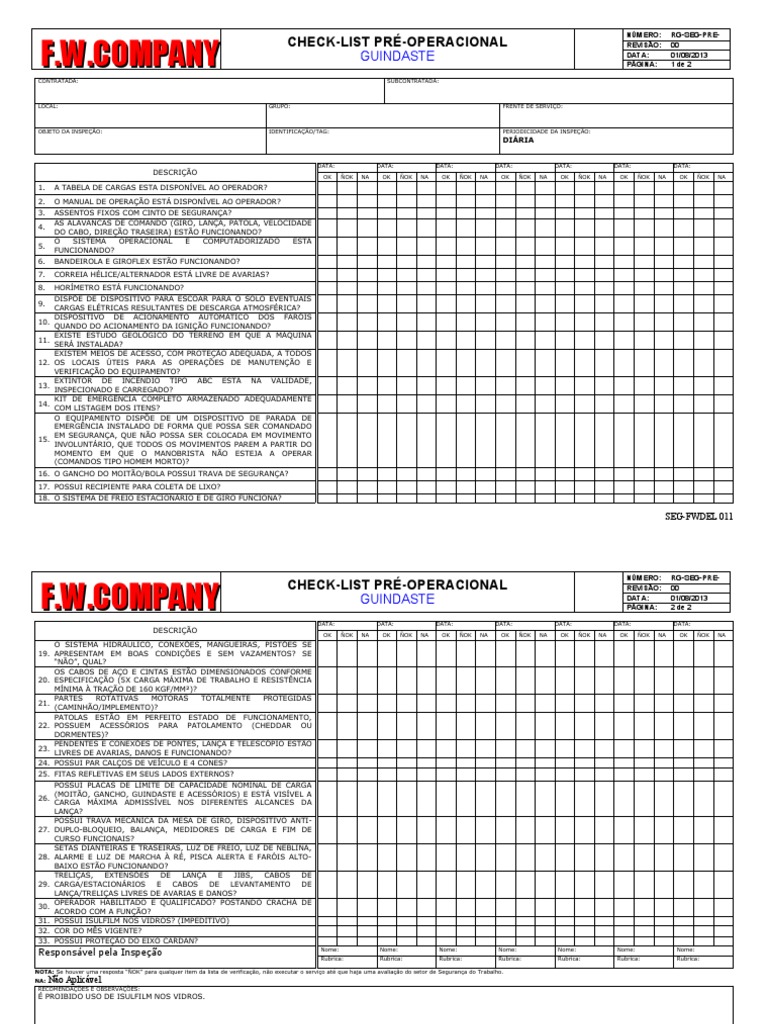 Pré-operacional checklist para guindaste | PDF | Guindaste (máquina) | Bens manufaturados