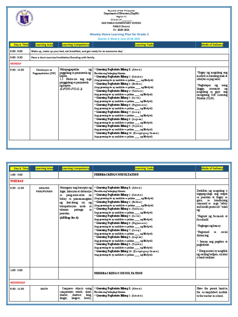 Grade 1 - All Subjects - WHLP - Q4 - W4 | PDF