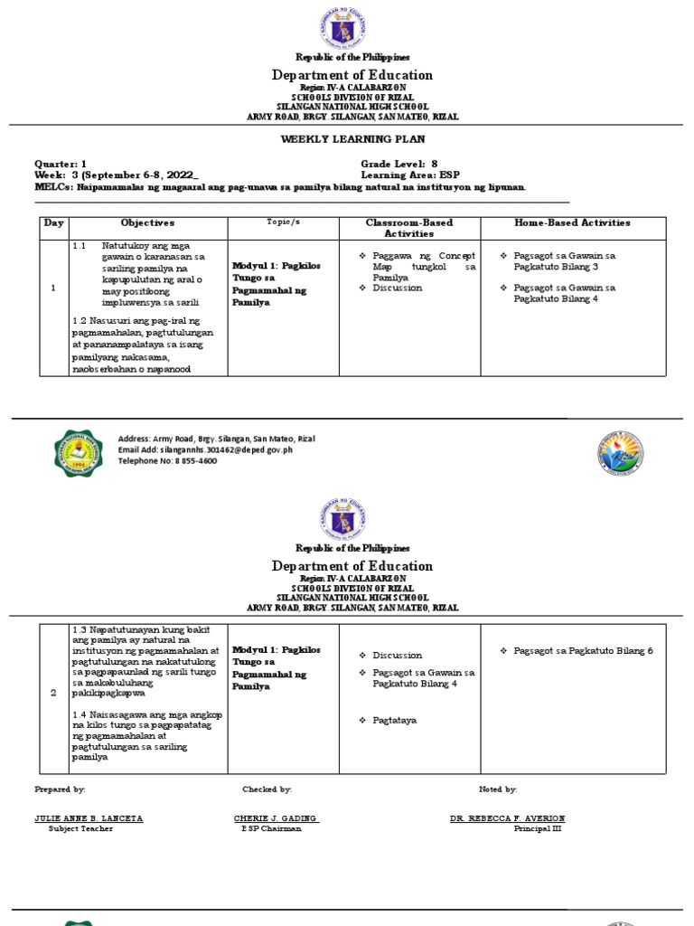 Weekly-Learning-Plan-3-by-2 G8 | PDF