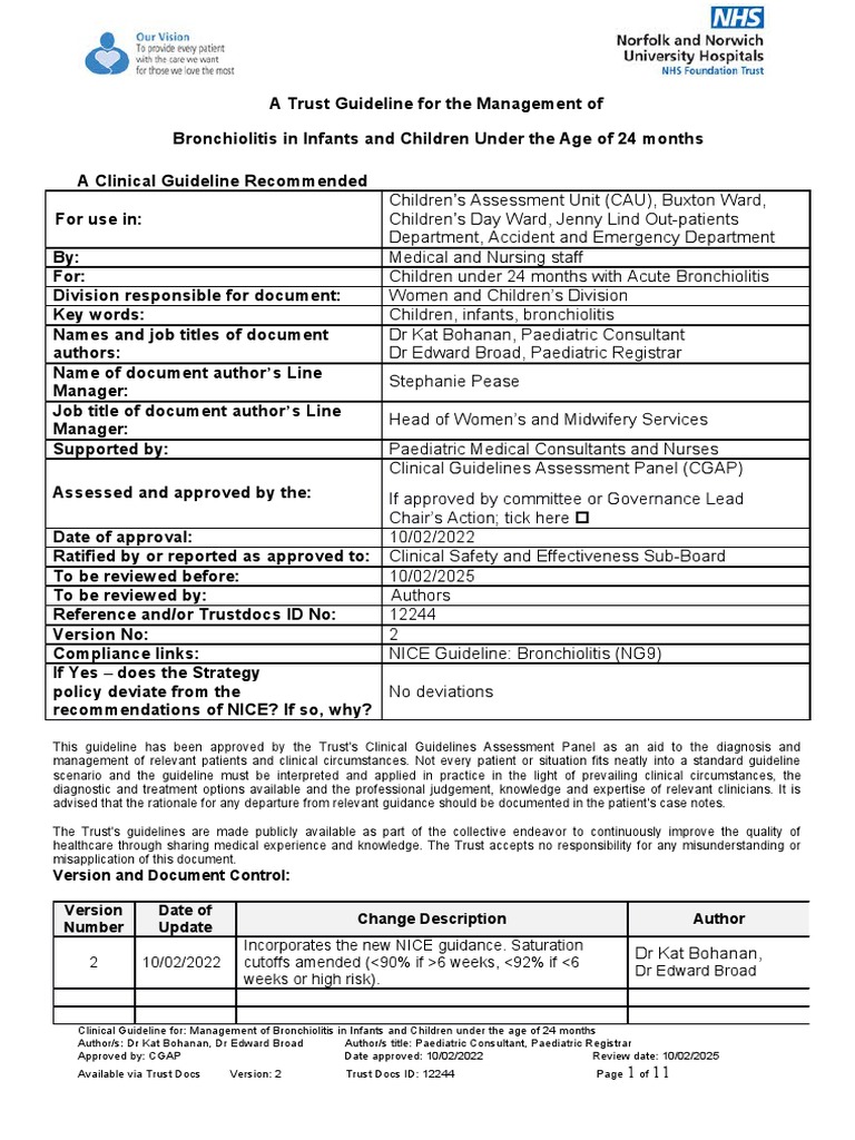 Management of Bronchiolitis in Infants and Children Under The Age of 24 ...