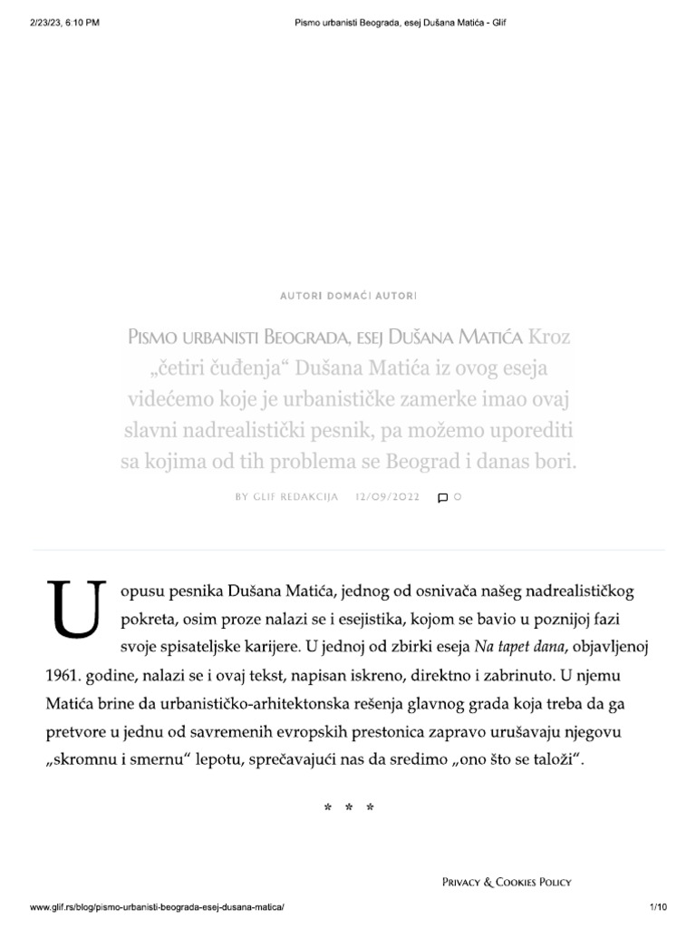 Dusan Matic, Pismo Urbanisti Beograda | PDF