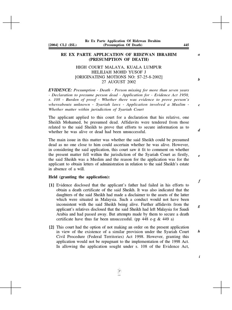 Re Ex Parte Application of Ridzwan Ibrahim (Presumption of Death) | PDF ...
