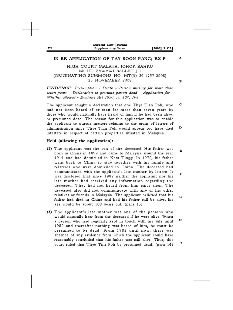 Presumption of Death: Tay Soon Pang Case | PDF | Burden Of Proof (Law ...