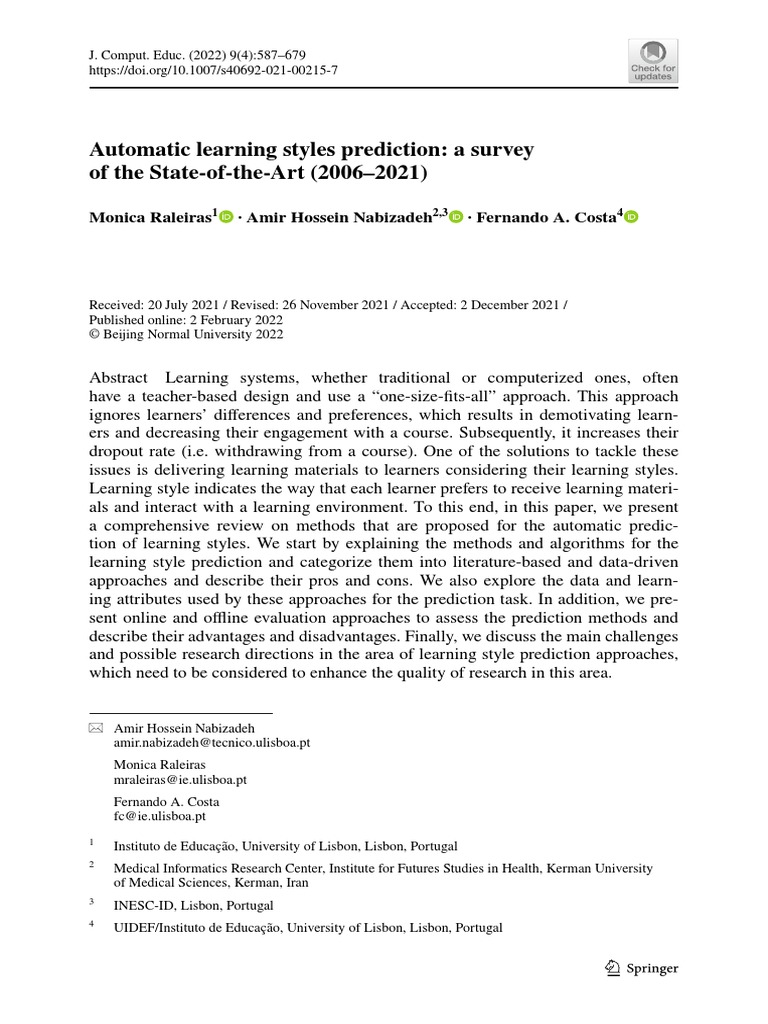 Automatic Learning Styles Prediction: A Survey of The State of The Art (2006-2021) | PDF ...
