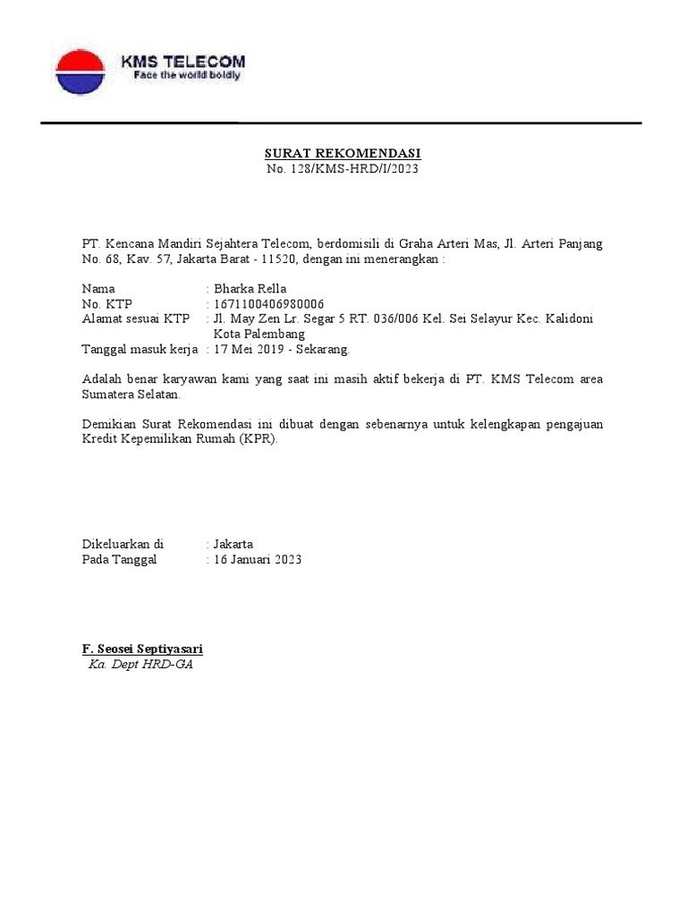 Surat Rekomendasi Karyawan KPR 2023 | PDF