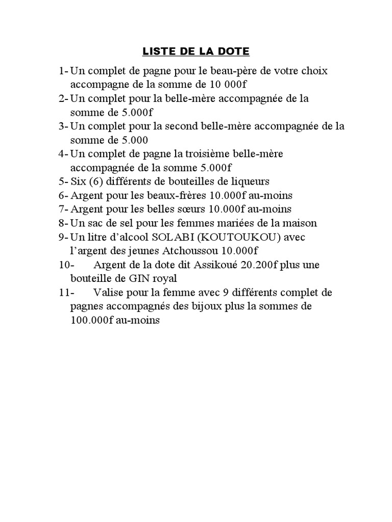 LISTE DE LA DOTE Am | PDF