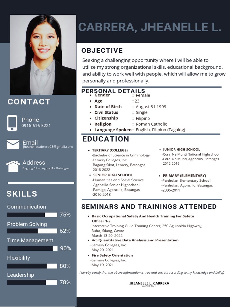 Jheanelle Lunasin Cabrera CV | PDF | Tagalog Language | Cognition