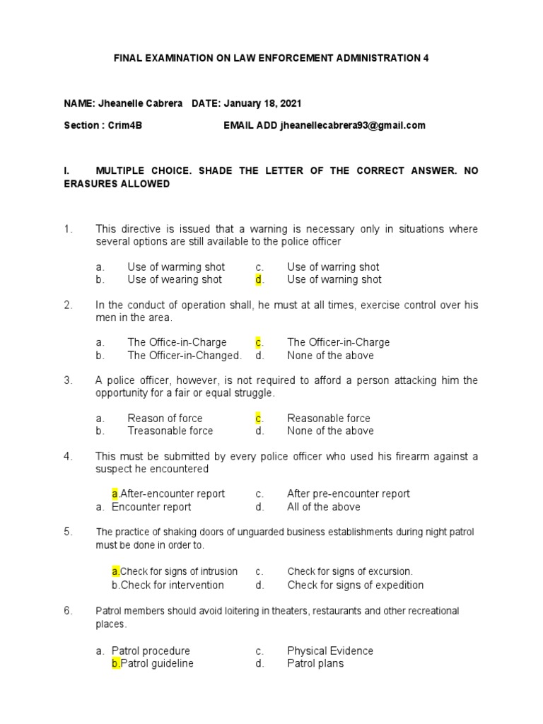 Final Exam on Law Enforcement Administration | PDF | Police | Crimes