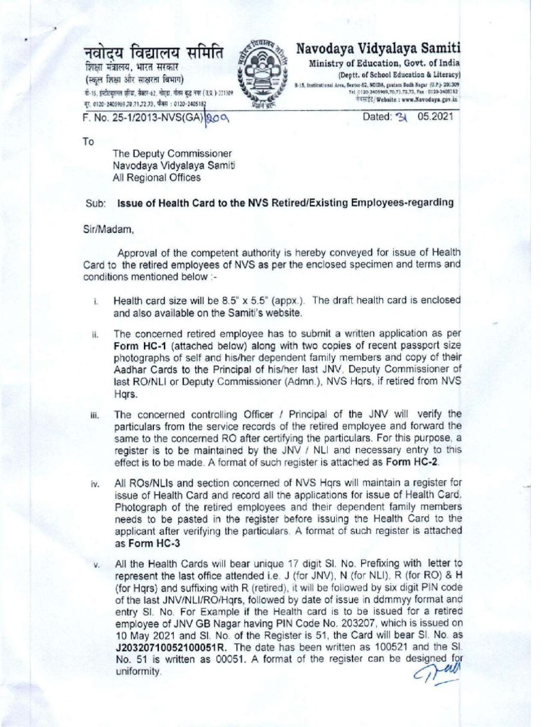 Issue of Health Card To The Retired Existing Employees of Navodaya ...