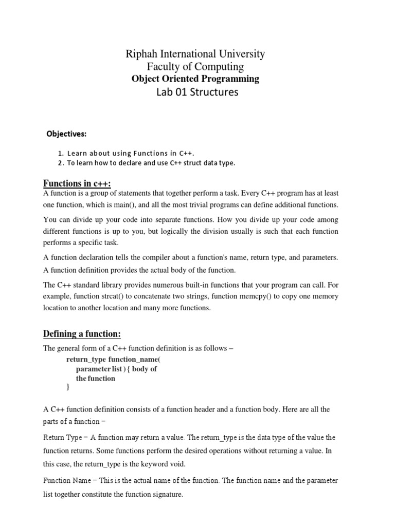 Lab 01 - Functions and Structure | PDF | Parameter (Computer ...