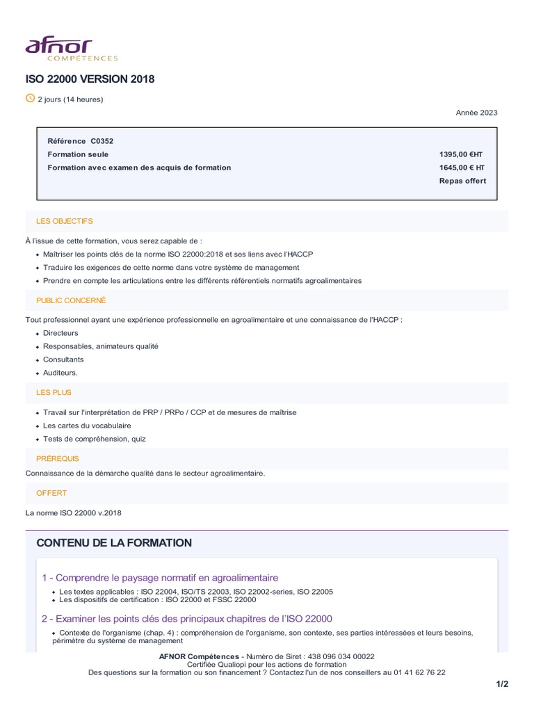 Formation ISO 22000:2018 en agroalimentaire | PDF