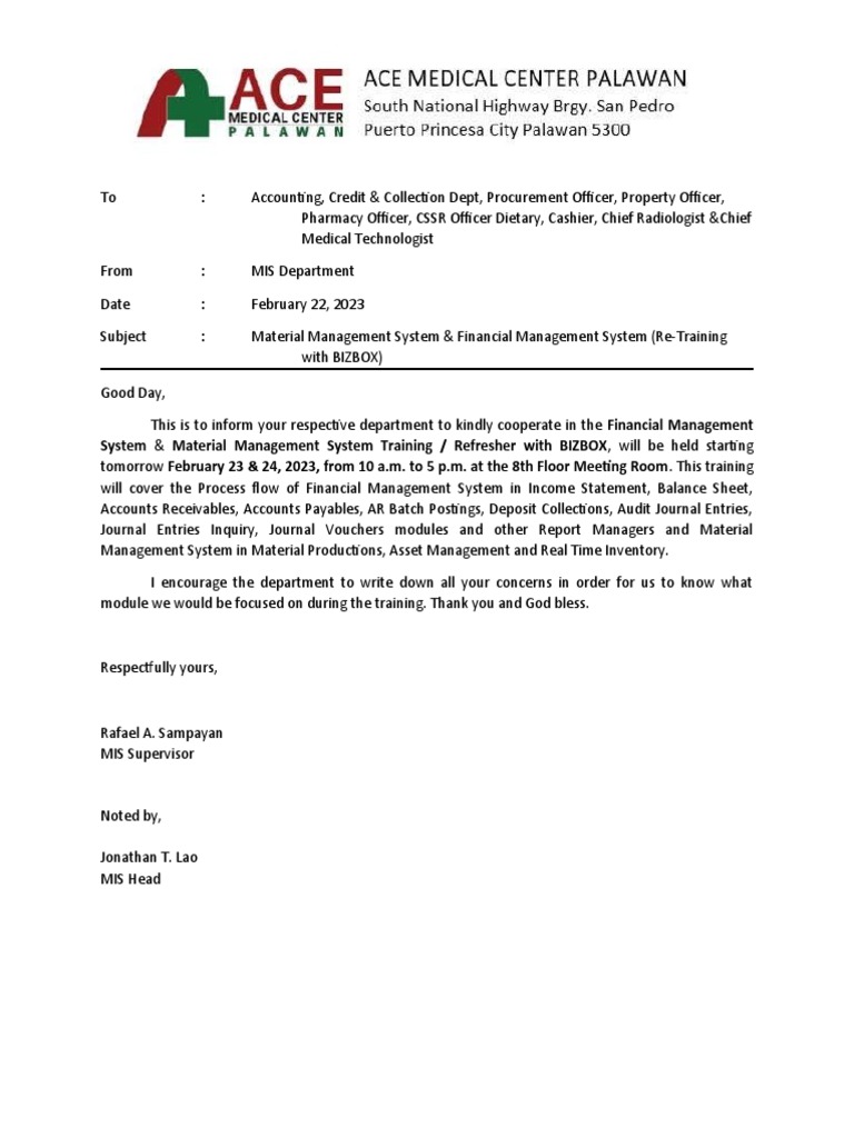 MIS Memo Retraining FMS and MMS | PDF