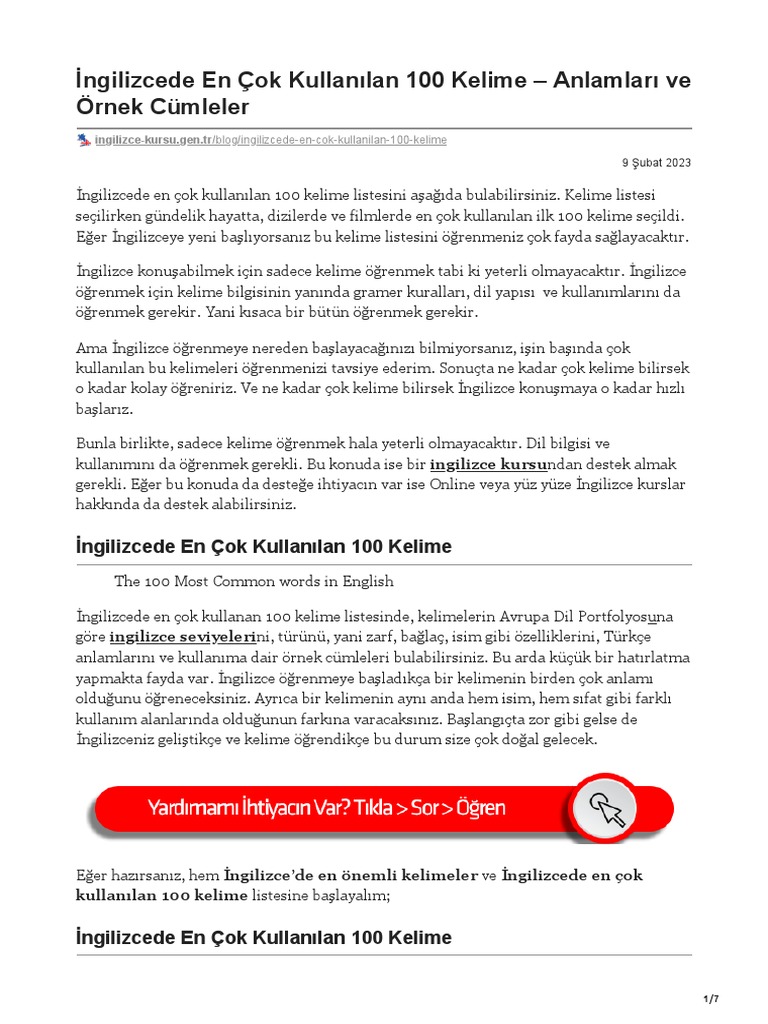 Ingilizcede en Cok Kullanilan 100 Kelime | PDF Ingilizcede en Cok Kullanilan 100 Kelime | PDF