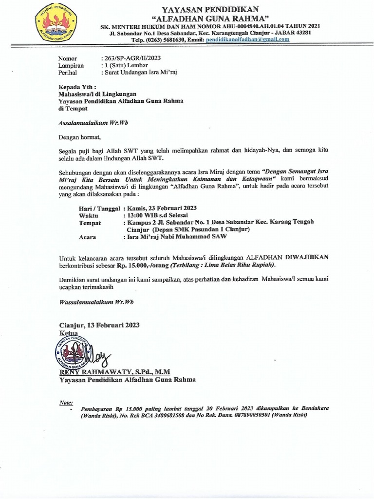No. 263 Surat Undangan Isra Mi'Raj - Mahasiswa Alfadhan | PDF