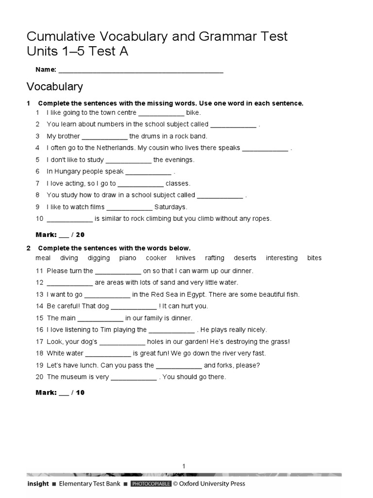 Cumulative Vocabulary + Grammar Test Units 1-5 A | PDF