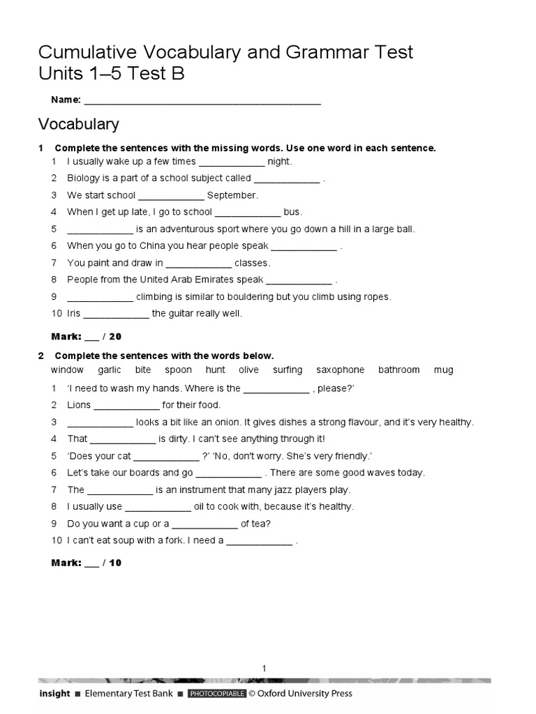 Vocabulary and Grammar Test Units 1-5 | PDF
