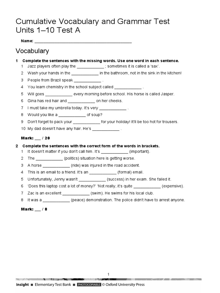 Cumulative Vocabulary & Grammar Test 1-10 | PDF | Linguistics