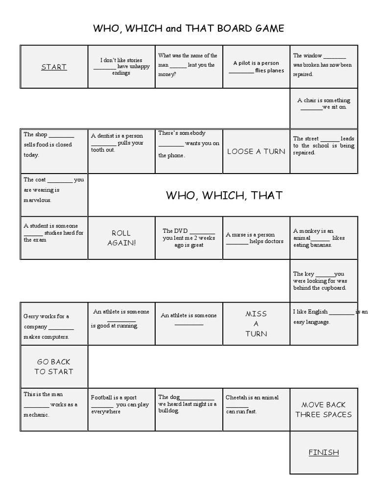 Relative Clause Who Which and That Board Game | PDF